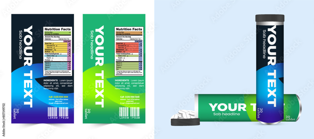 Vetor de Multi vitamin label sticker design and natural calcium food ...