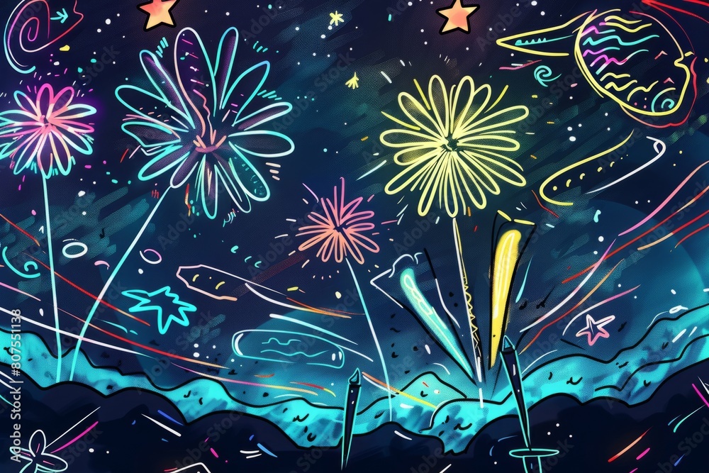 Cartoon cute doodles of a dazzling fireworks display lighting up the ...