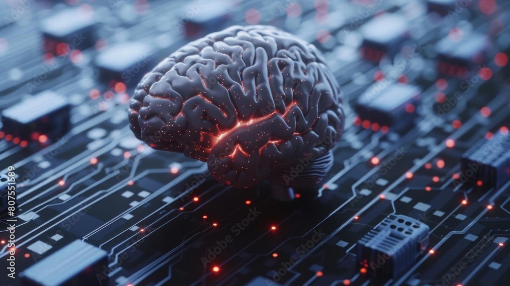 Detailed circuit diagram overlaying a human brain, symbolizing AI and ...