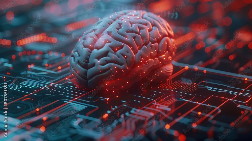 Detailed circuit diagram overlaying a human brain, symbolizing AI and ...