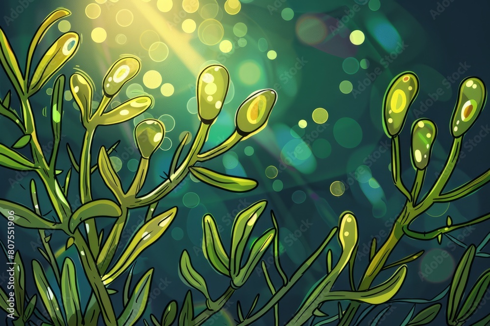 Cartoon cute doodles of microscopic algae basking in the glow of ...