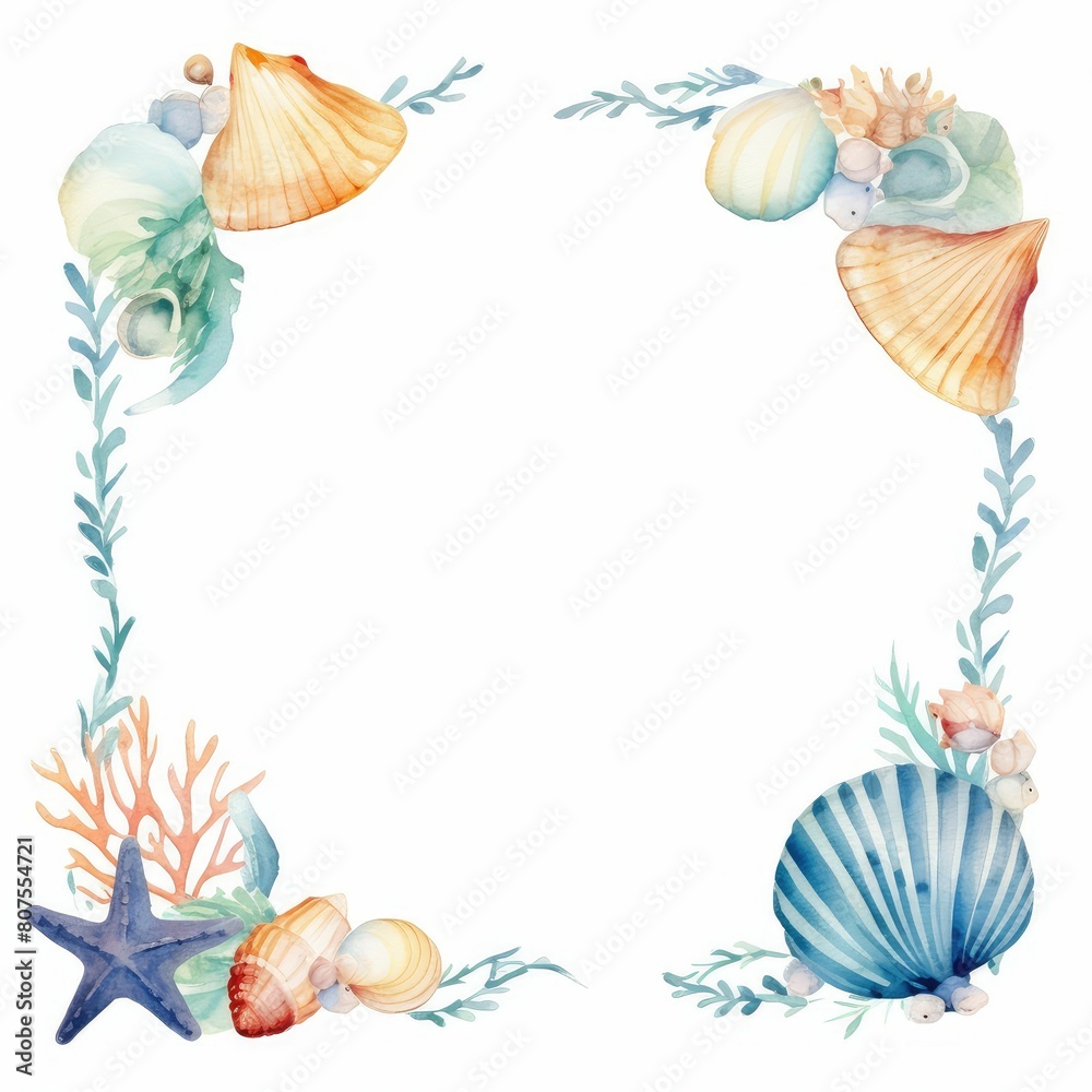 sea shell-themed frame or border for photos and text. watercolor ...
