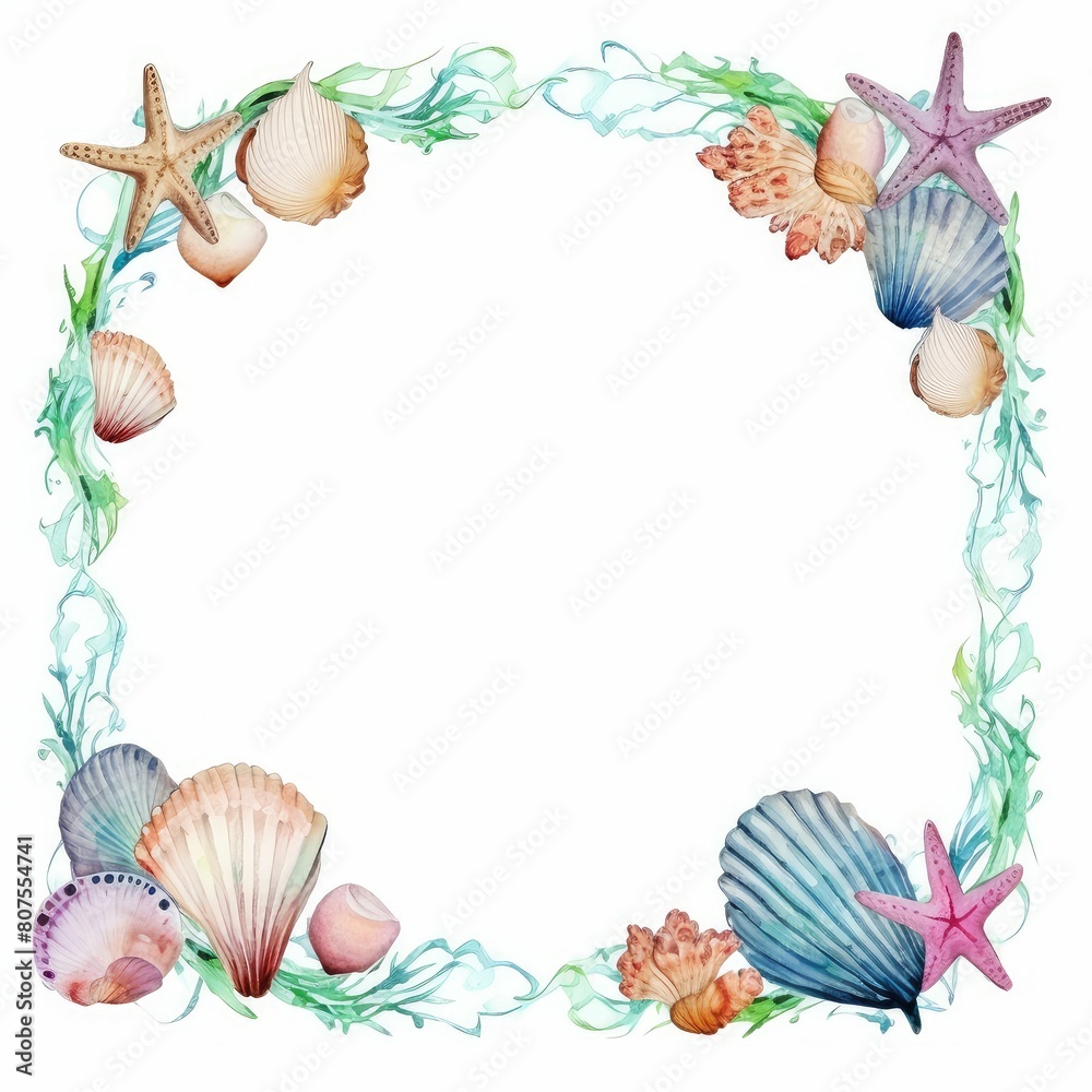 sea shell-themed frame or border for photos and text. watercolor ...