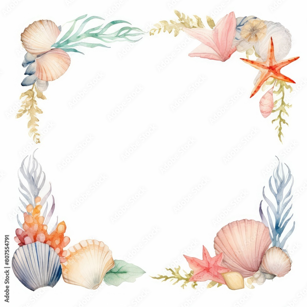 sea shell-themed frame or border for photos and text. watercolor ...