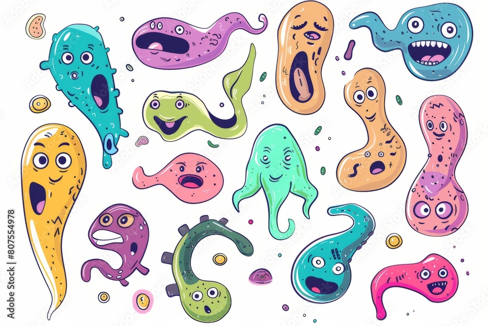 Cartoon cute doodles of microscopic amoebas extending their pseudopods ...