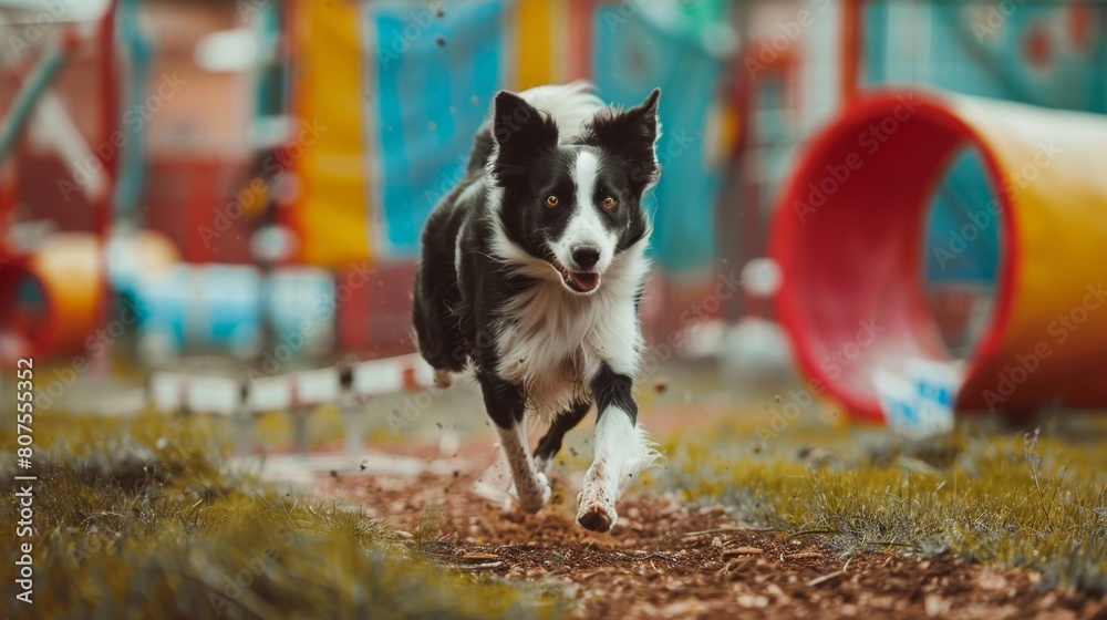 A focused Border Collie dashes through an agility course, showcasing ...