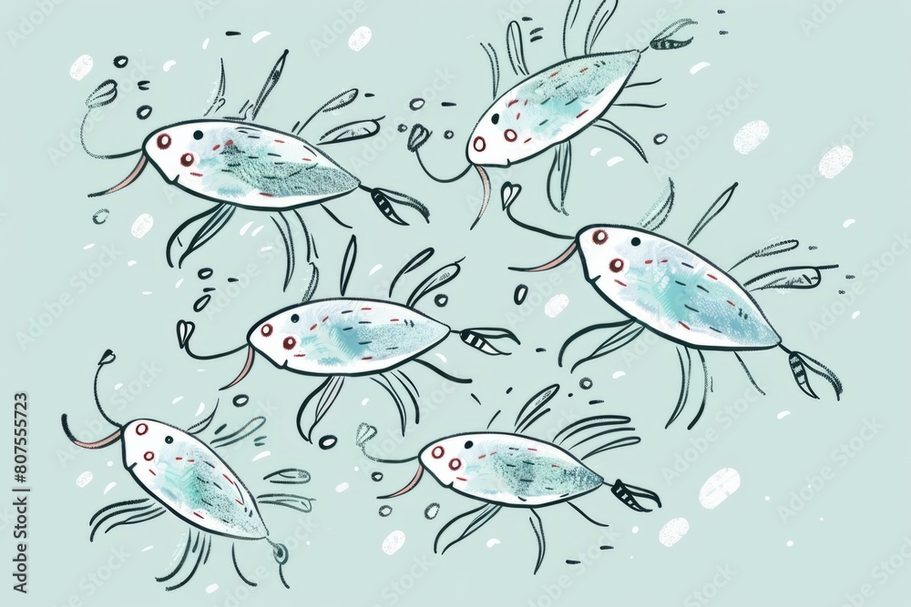 Cartoon cute doodles of microscopic copepods darting through the water ...