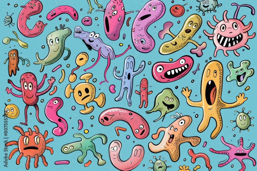 Cartoon cute doodles of microscopic amoebas extending their pseudopods ...