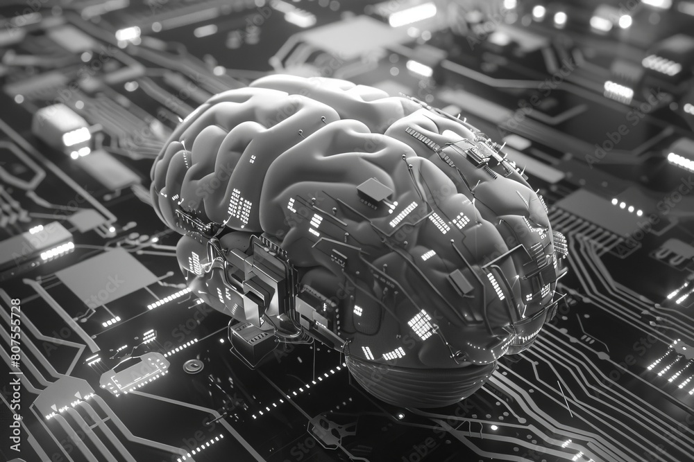 Sophisticated circuit design embedded within a human brain graphic ...