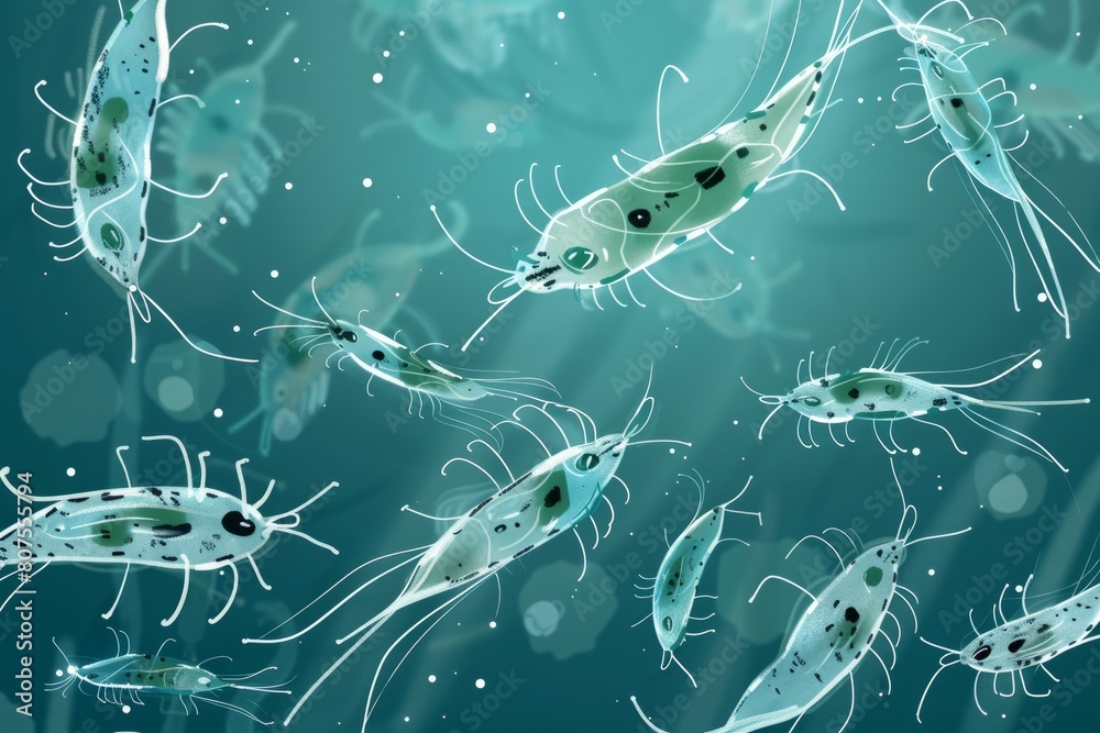 Cartoon cute doodles of microscopic copepods darting through the water ...