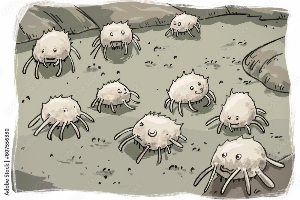Cartoon cute doodles of microscopic dust mites scurrying across a ...