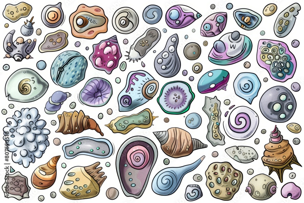 Cartoon cute doodles of microscopic foraminifera building intricate ...