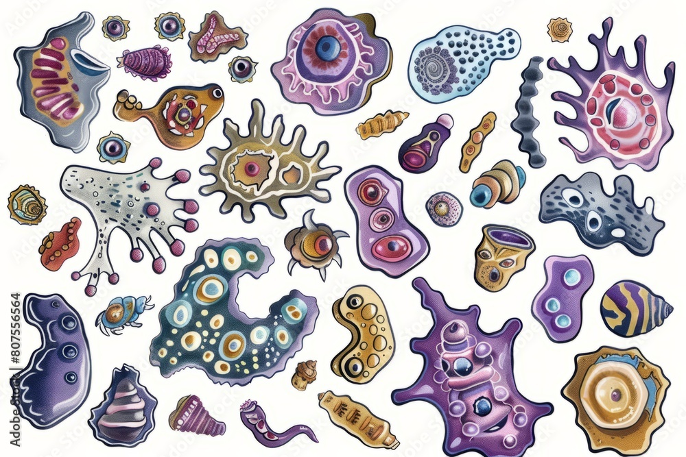 Cartoon cute doodles of microscopic foraminifera building intricate ...
