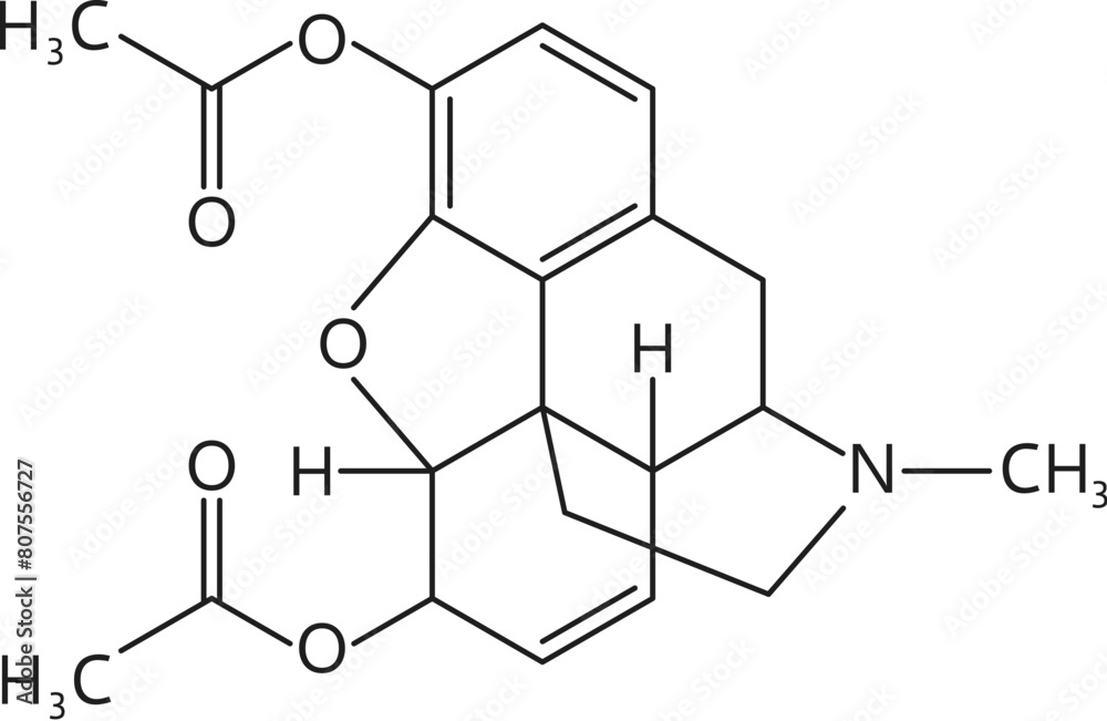 Heroin drug molecule, formula and chemical structure of opioid narcotic ...
