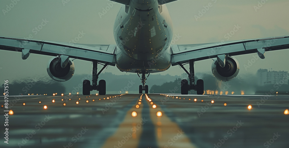 Airplane Landing Gear on Illuminated Runway. Rear view of an airplane's ...