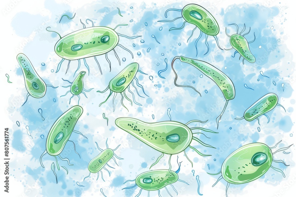 Cartoon cute doodles of microscopic protozoa hunting for prey in a drop ...