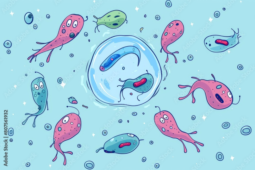 Cartoon cute doodles of microscopic protozoa hunting for prey in a drop ...