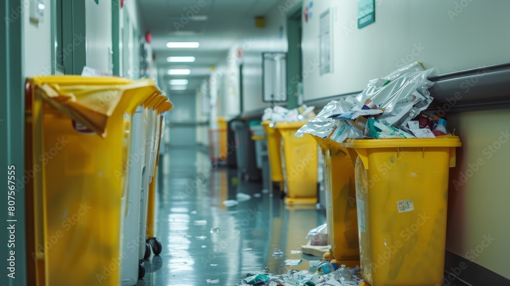 A documentarystyle photo of overflowing medical waste bins in a ...