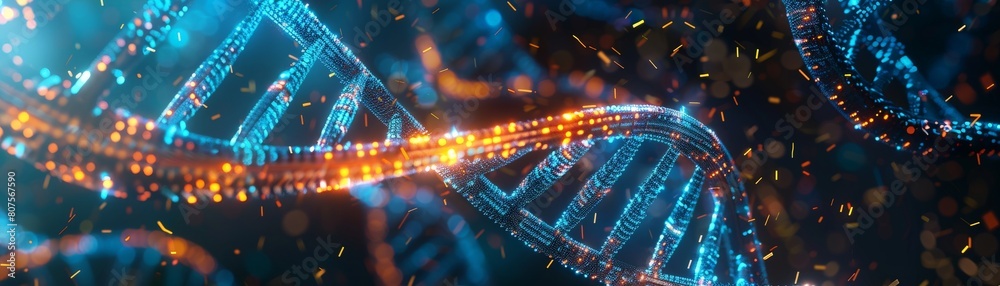 A double helix structure composed of glowing code, with segments being ...