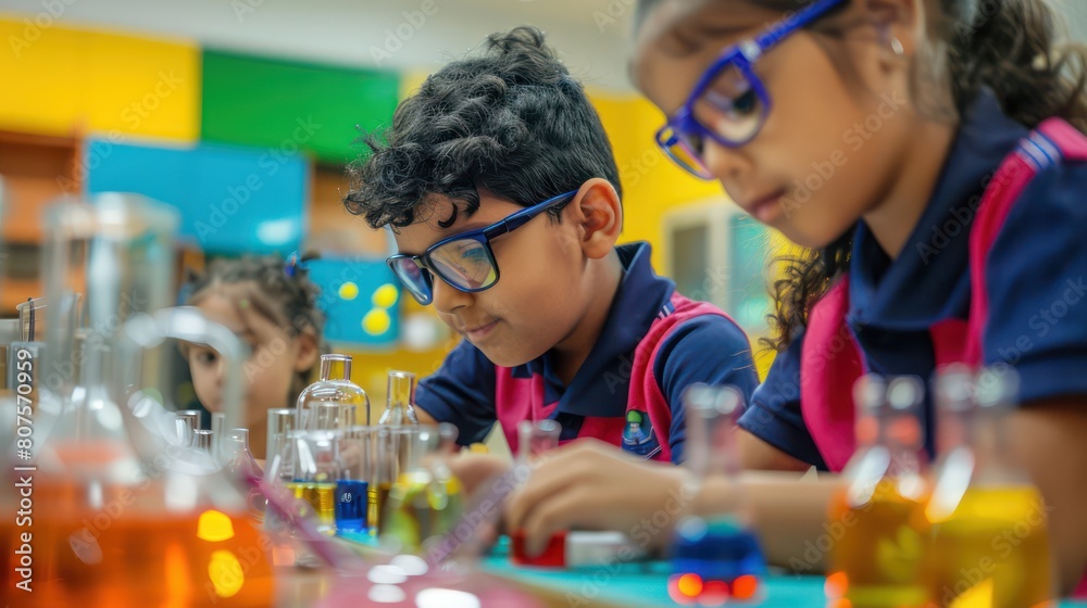 Primary school students engaged in a science experiment or hands-on ...