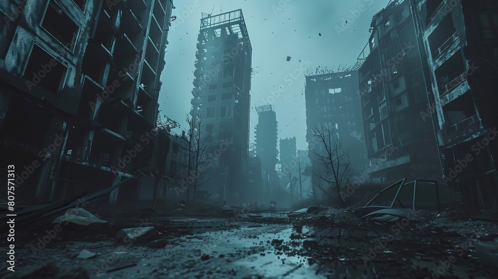 Close up photo of gloomy desolate dystopian cyberpunk city background ...