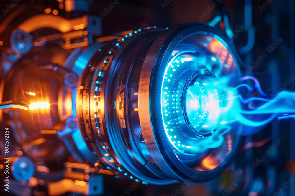 Advanced ion propulsion engine with glowing blue thruster. Futuristic ...