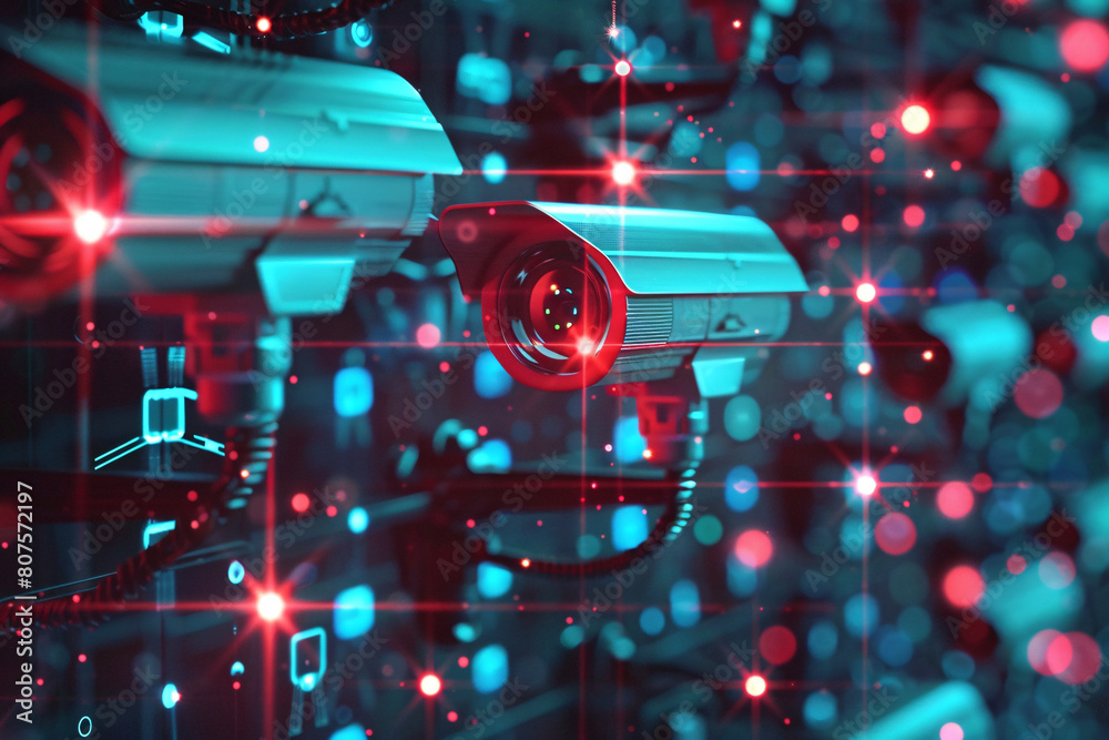 Advanced Sovereign AI system monitoring surveillance cameras. Identifying security risks ...