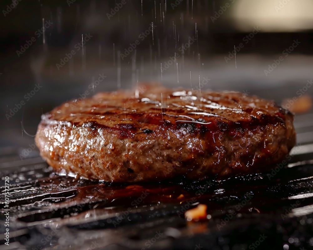 A sizzling patty of cultured meat on a grill, cooked to a perfect ...