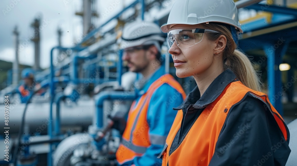 Two engineers wearing hard hats and safety glasses are working at an ...