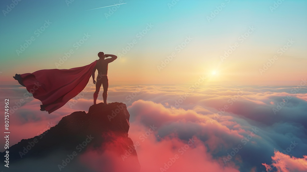 Superhero with cape stands brave on edge of a cliff above the clouds ...