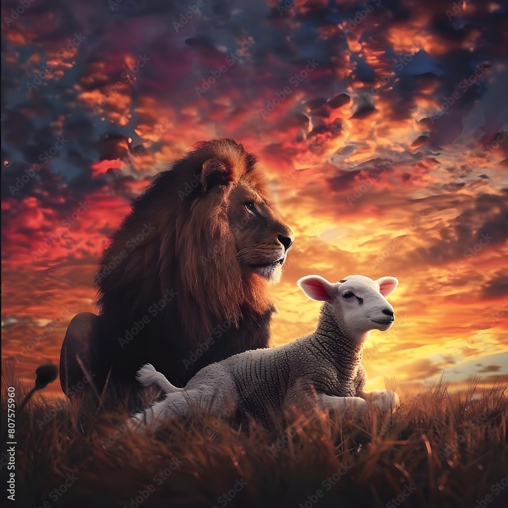 Vibrant sunset sky with a powerful lion and a gentle lamb living in ...