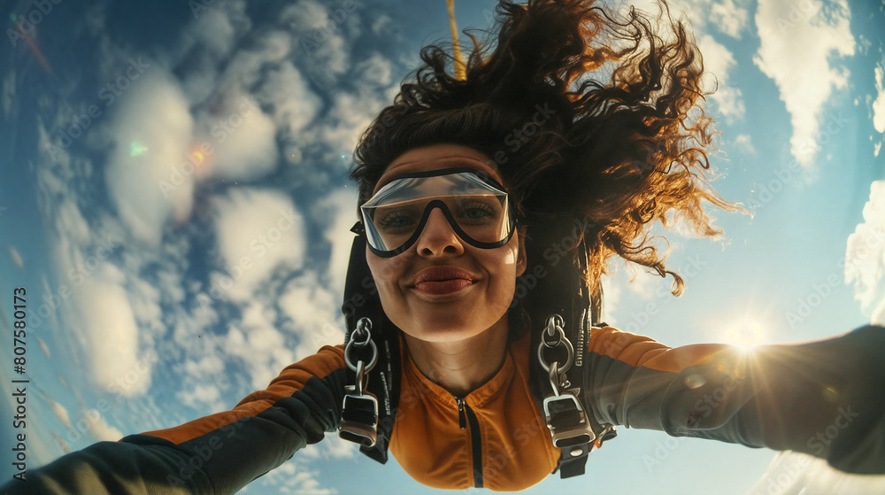 A young woman with a smile is jumping with a parachute. She feels happy ...