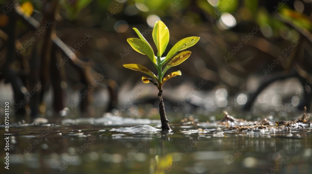 Mangrove Seeding, Close-up image of a young mangrove seedling, known as ...