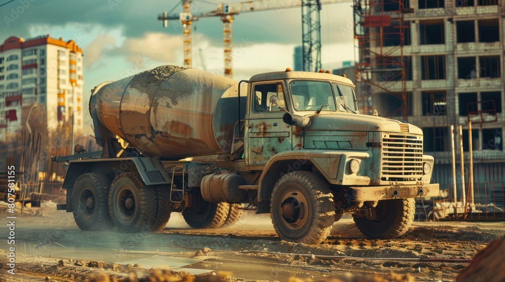vintage cement truck pouring cement into a construction site, evoking a ...