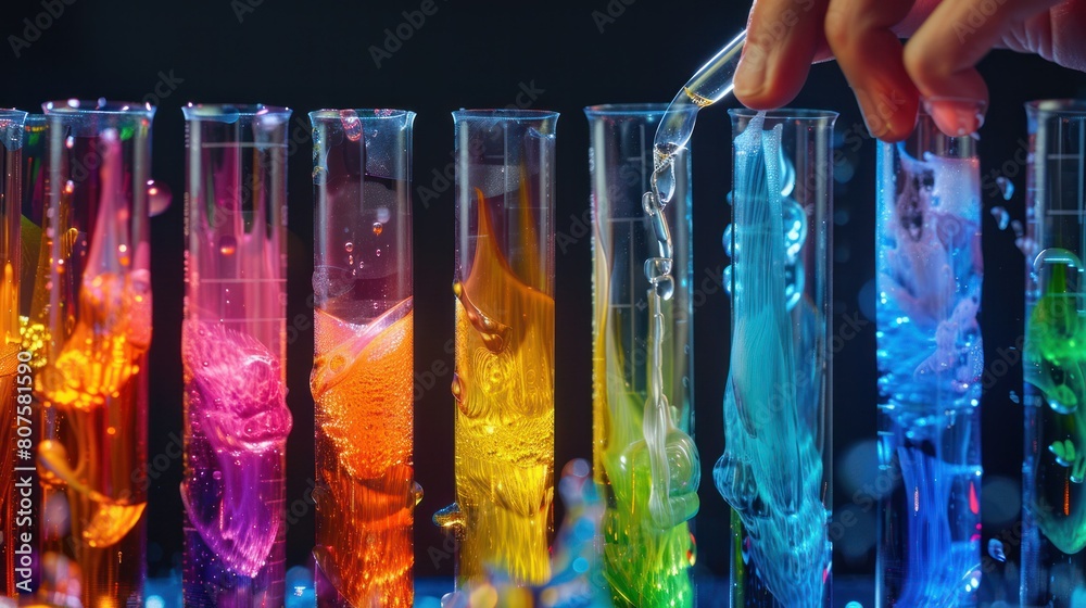 scientist's hand carefully pours a vibrant liquid from one test tube ...