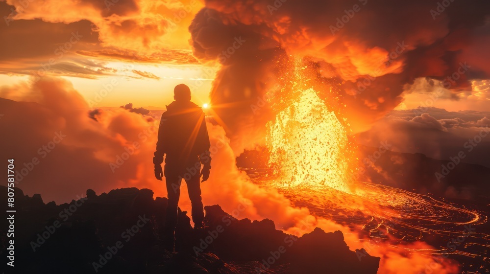 silhouette of a lone adventurer standing in awe before a spectacular ...