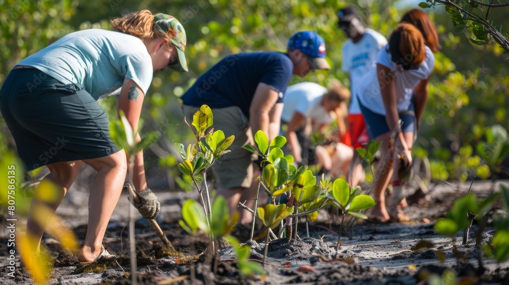 Reforestation Efforts, Volunteers planting mangrove trees ...