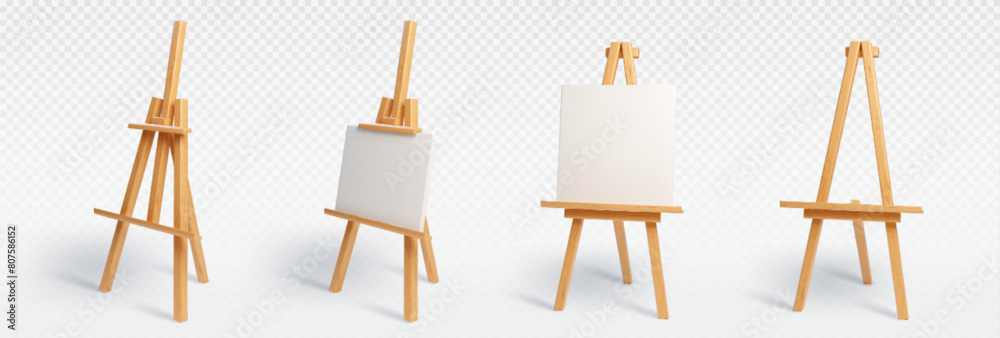Wood easel stand with art board isolated vector mockup. 3d painter ...