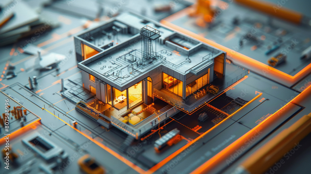 A detailed architectural model of a modern house with a cutaway design ...