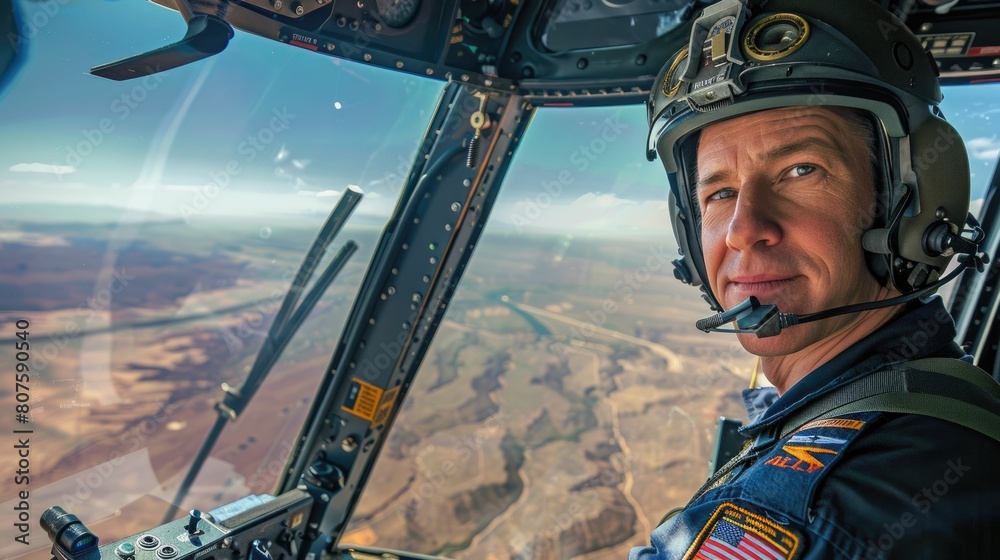 The picture of the professional pilot is piloting an airplane with ...