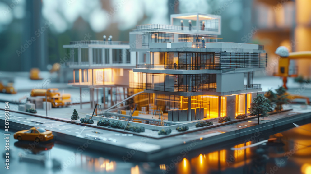 A detailed architectural model of a modern building with illuminated ...
