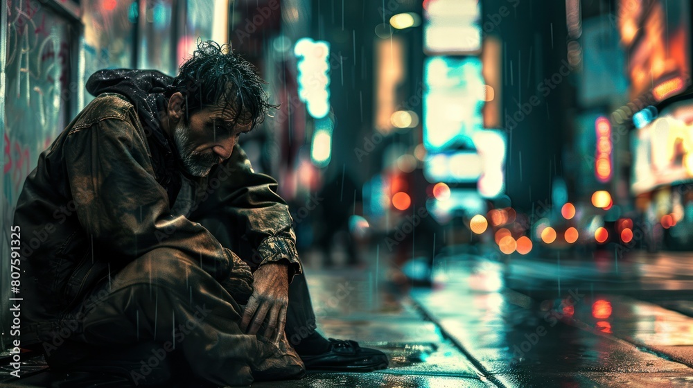 homeless man, his face etched with hardship, sits on a sidewalk in the ...