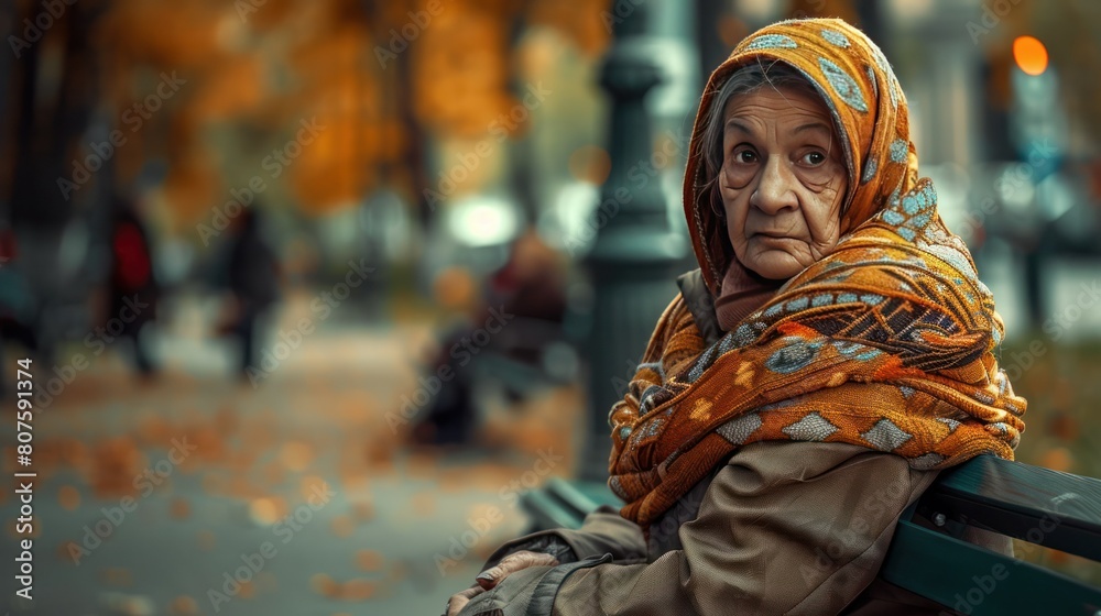 homeless woman, her eyes filled with despair, sits on a park bench ...