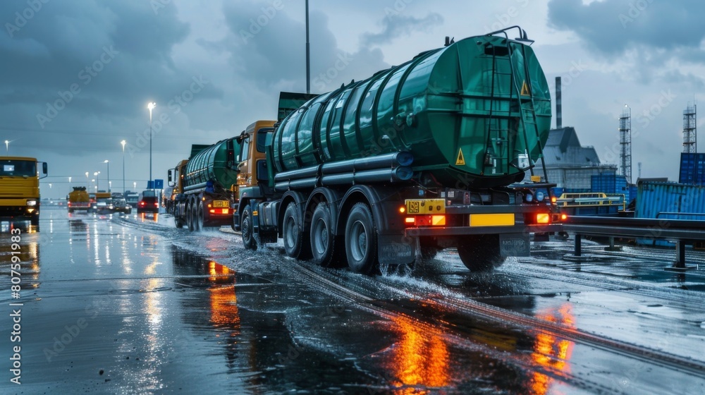 Transportation of Industrial Waste, Depict large, secure trucks ...