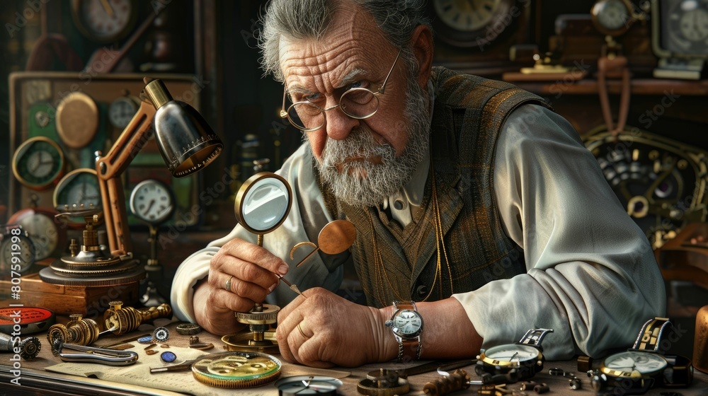 The picture of the adult professional watchmaker working inside ...