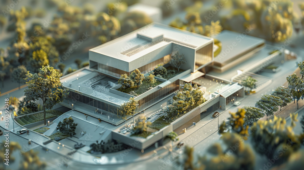 Architectural model of a modern building complex surrounded by trees ...