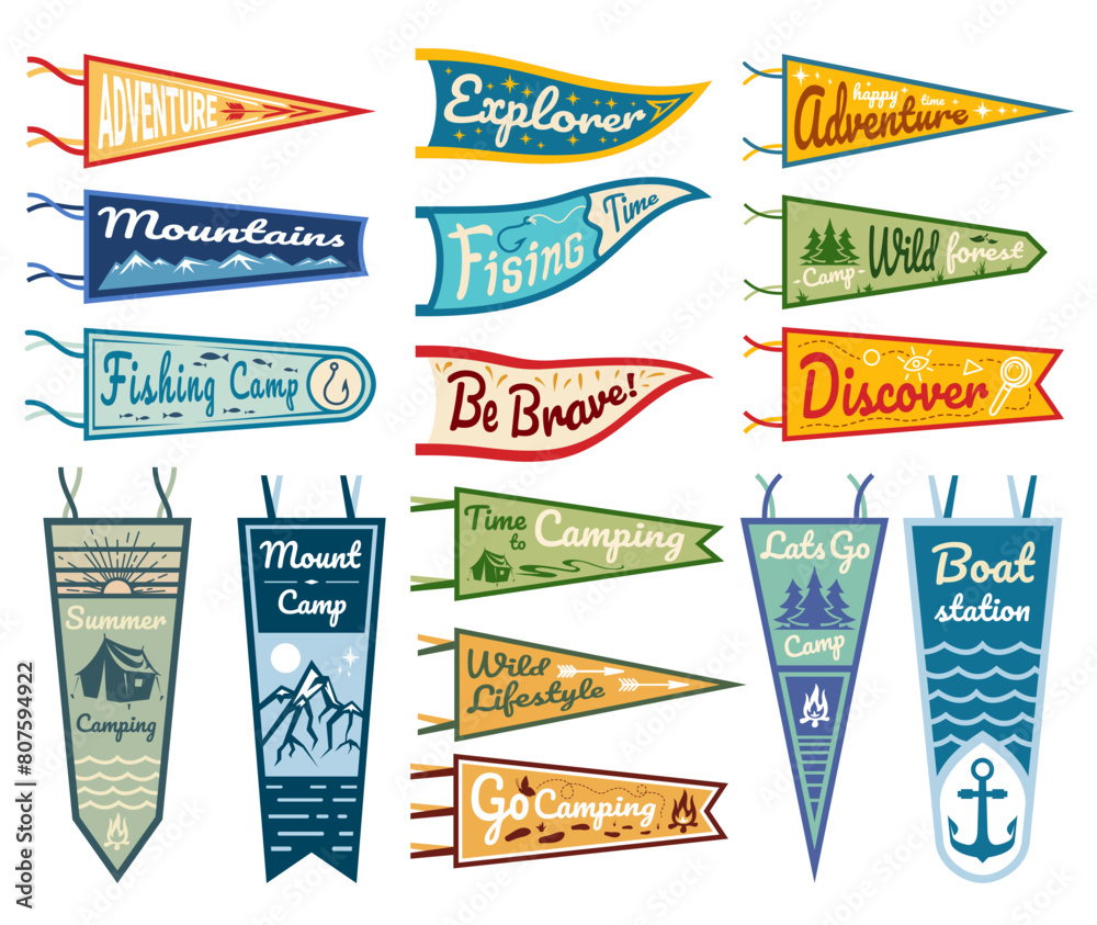 Camp pennant flags camping and travel tourism arrow banner design ...