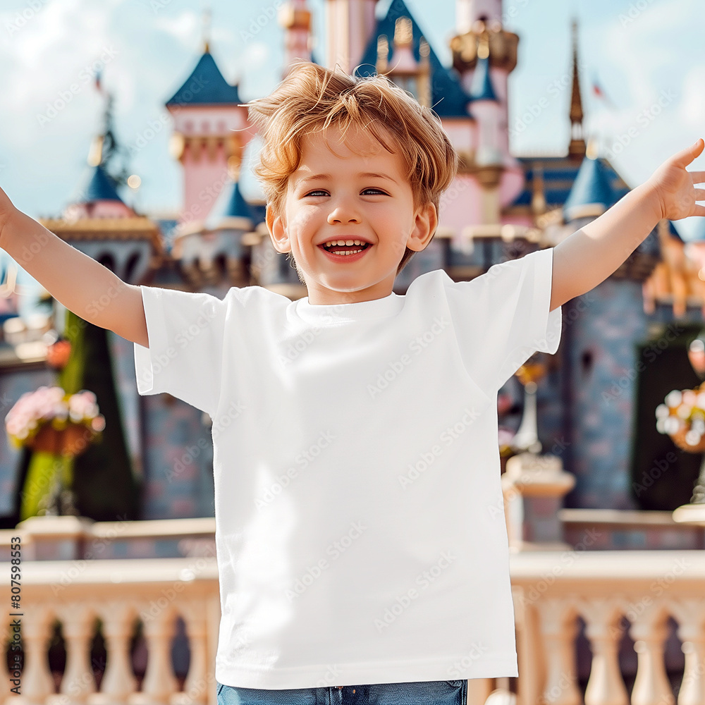 Kid boy model in white Bella Canvas 3001 mockup. Blank tshirt front ...