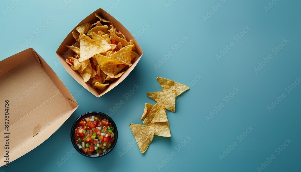 couple of takeaway food boxes, one of them open showing nachos and ...