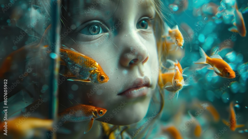 child's face pressed against the glass of an aquarium, gazing at ...
